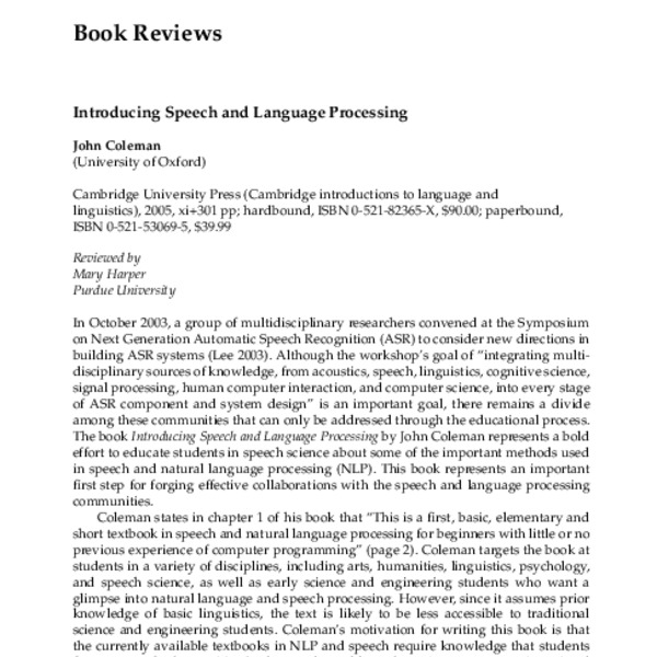 Introducing Speech and Language Processing, by John Coleman - ACL Anthology