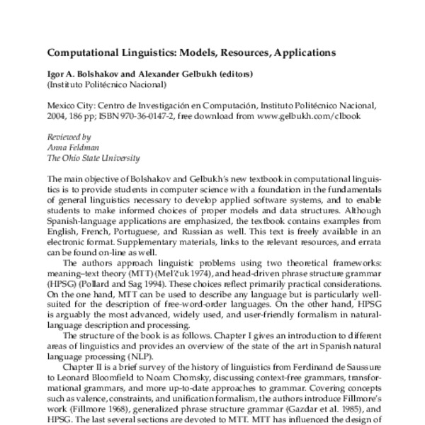Book Reviews: Computational Linguistics: Models, Resources, Applications, edited by Igor A ...