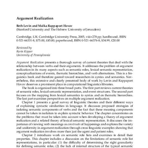 Book Reviews: Argument Realization, by Beth Levin and Malka Rappaport Hovav - ACL Anthology