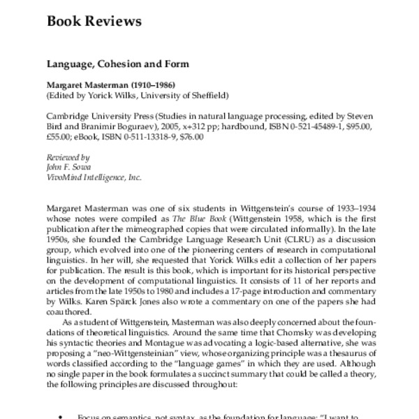 Book Review: Language, Cohesion and Form, by Margaret Masterman - ACL ...