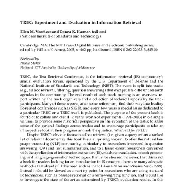 Book Review: TREC: Experiment and Evaluation in Information Retrieval ...
