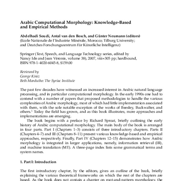 Book Reviews Arabic Computational Morphology Knowledge Based And Empirical Methods By
