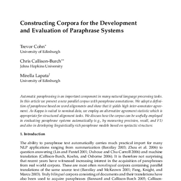 Constructing Corpora For The Development And Evaluation Of Paraphrase Systems Acl Anthology