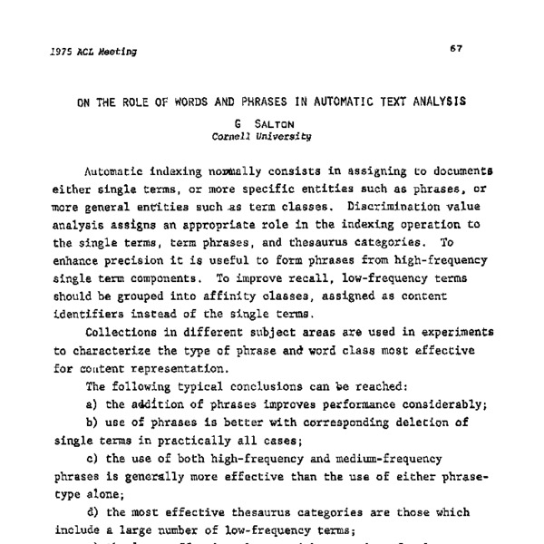 On the Role of Words and Phrases in Automatic Text Analysis [abstract ...