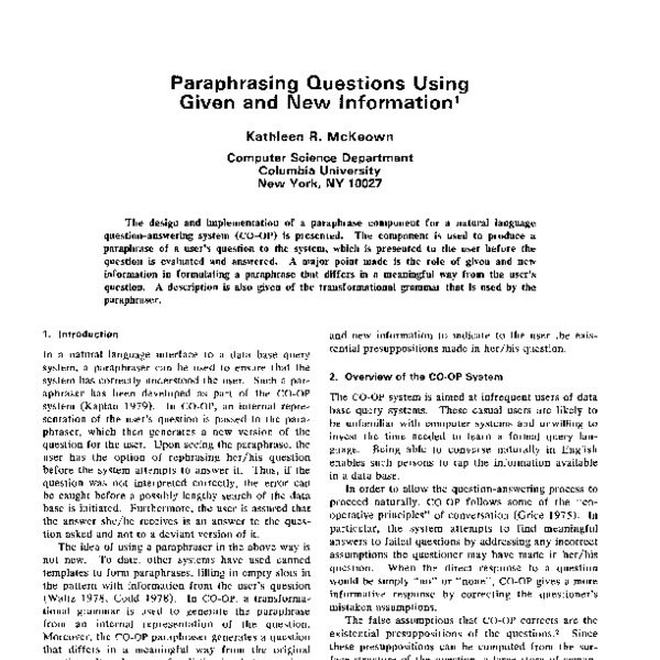 Paraphrasing Questions Using Given and new information - ACL Anthology