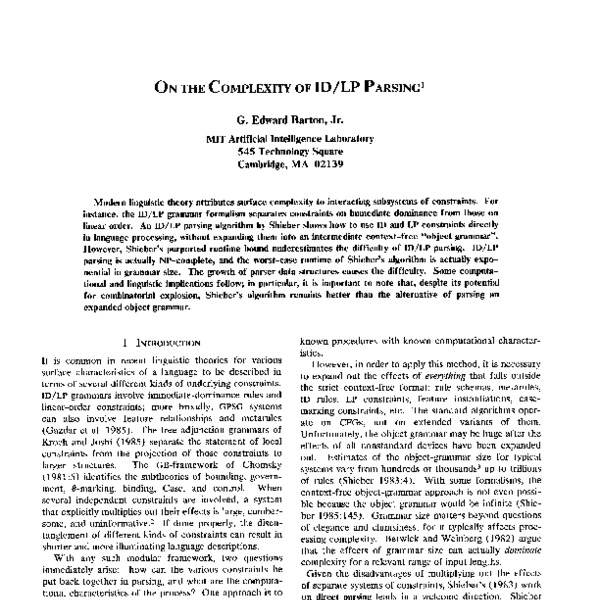 On the Complexity of ID/LP Parsing - ACL Anthology