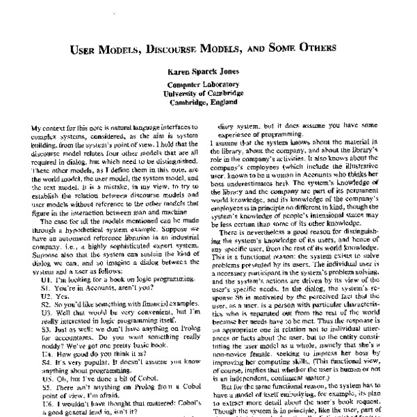 User Models, Discourse Models, and Some Others - ACL Anthology