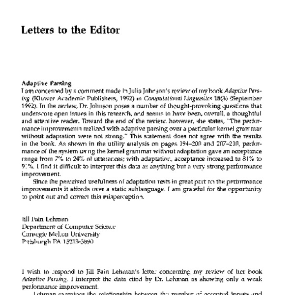 Letters to the Editor - ACL Anthology