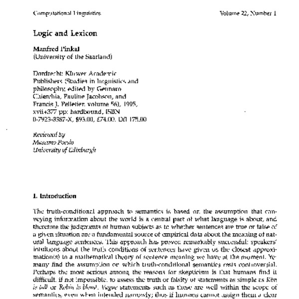 Book Reviews: Logic and Lexicon - ACL Anthology