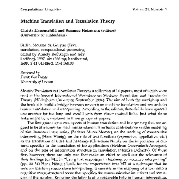 Book Review: Machine Translation and Translation Theory - ACL Anthology