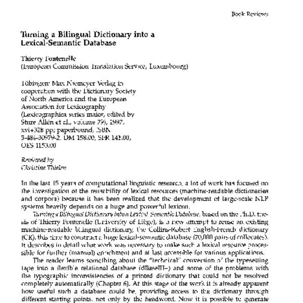 Book Reviews: Turning a Bilingual Dictionary into a Lexical-Semantic Database - ACL Anthology