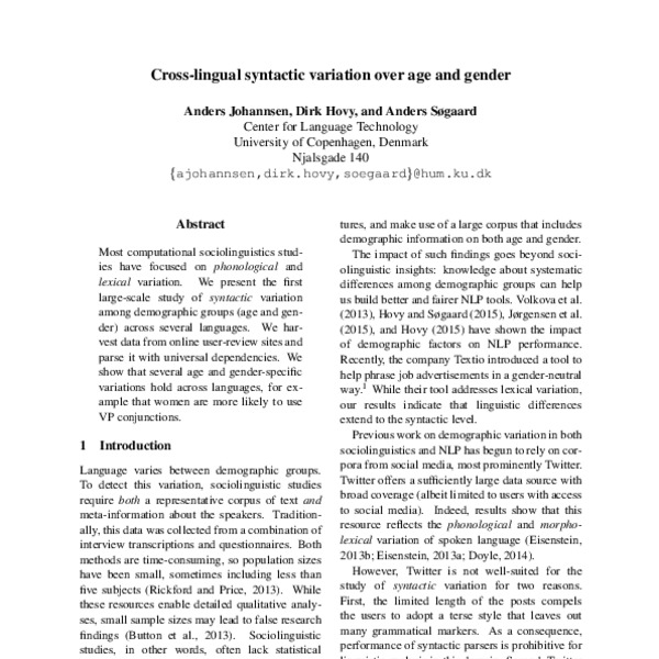 Cross-lingual syntactic variation over age and gender - ACL Anthology