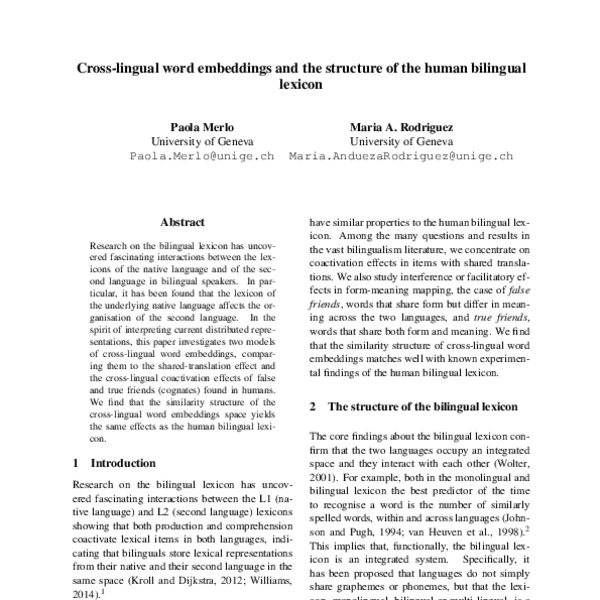 Cross-Lingual Word Embeddings and the Structure of the Human Bilingual ...