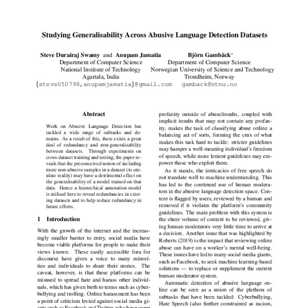Studying Generalisability across Abusive Language Detection Datasets ...