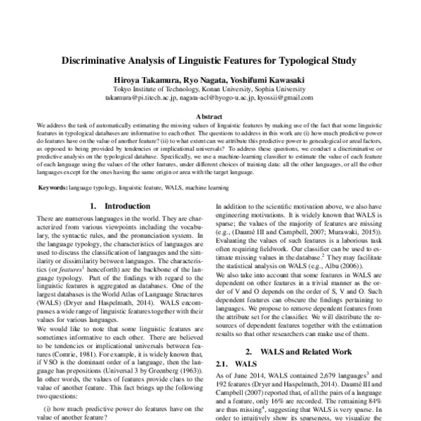 Discriminative Analysis of Linguistic Features for Typological Study ...