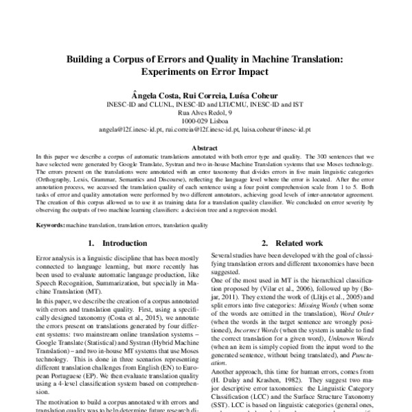 Building a Corpus of Errors and Quality in Machine Translation ...