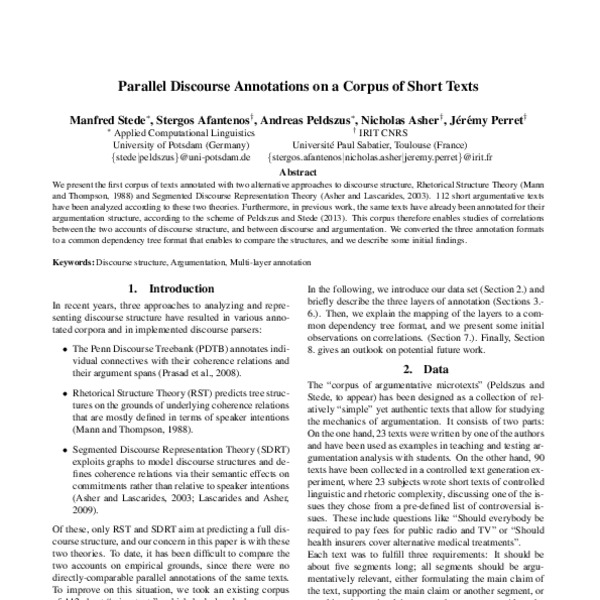 Parallel Discourse Annotations on a Corpus of Short Texts - ACL Anthology