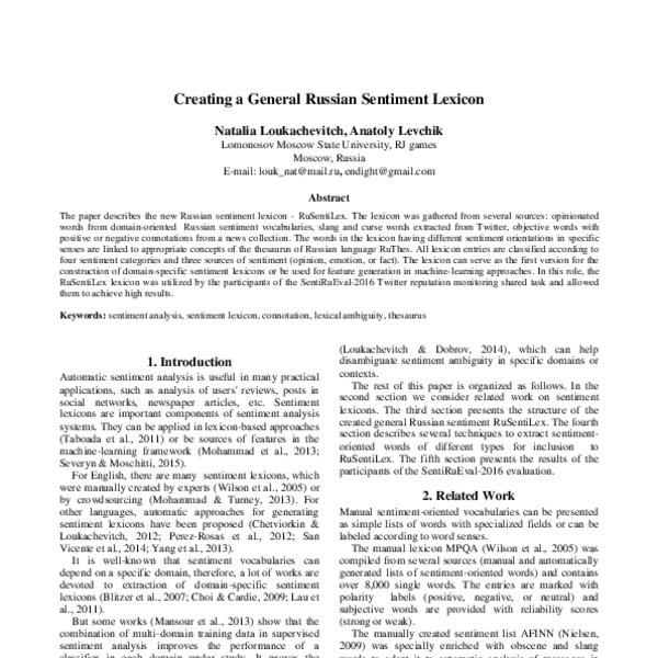 Creating a General Russian Sentiment Lexicon - ACL Anthology