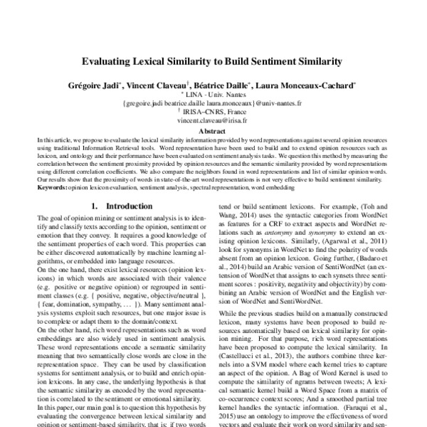 Evaluating Lexical Similarity to build Sentiment Similarity - ACL Anthology