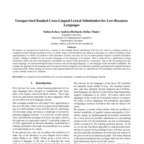 Unsupervised Ranked Cross-Lingual Lexical Substitution for Low-Resource ...