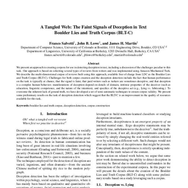 A Tangled Web: The Faint Signals of Deception in Text - Boulder Lies ...