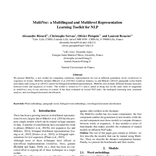 MultiVec: a Multilingual and Multilevel Representation Learning Toolkit for NLP - ACL Anthology