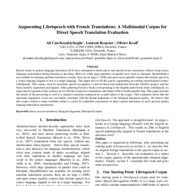Augmenting Librispeech with French Translations: A Multimodal Corpus ...