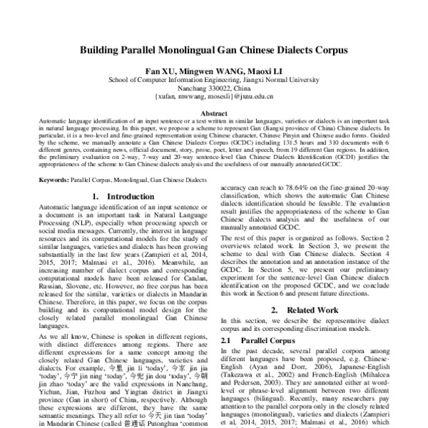 Building Parallel Monolingual Gan Chinese Dialects Corpus - ACL Anthology