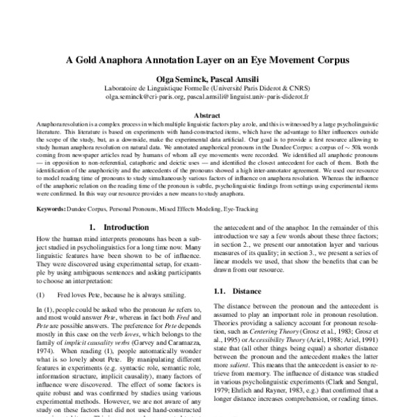 A Gold Anaphora Annotation Layer on an Eye Movement Corpus - ACL Anthology