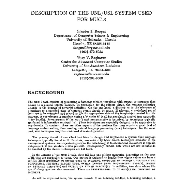 Description of the UNL/USL System Used for MUC-3 - ACL Anthology