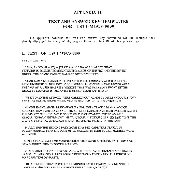 Appendix H: Text and Answer Key Templates for TST1-MUC3-0099 - ACL ...