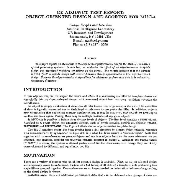 GE Adjunct Test Report: Object-Oriented Design and Scoring for MUC-4 ...