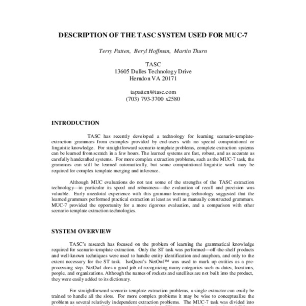 TASC: Description of the TASC System Used for MUC-7 - ACL Anthology