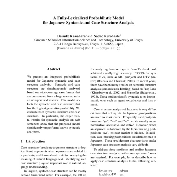 A Fully-Lexicalized Probabilistic Model for Japanese Syntactic and Case Structure Analysis - ACL ...