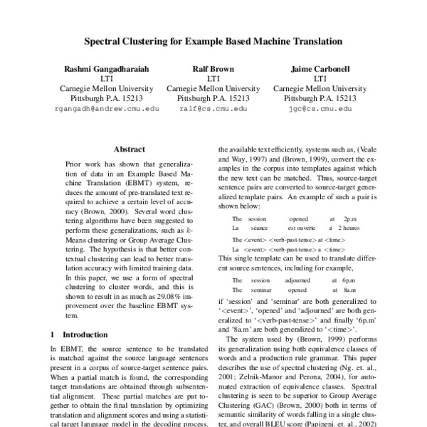Spectral Clustering For Example Based Machine Translation Acl Anthology