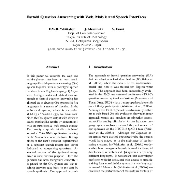 Factoid Question Answering with Web, Mobile and Speech Interfaces - ACL ...