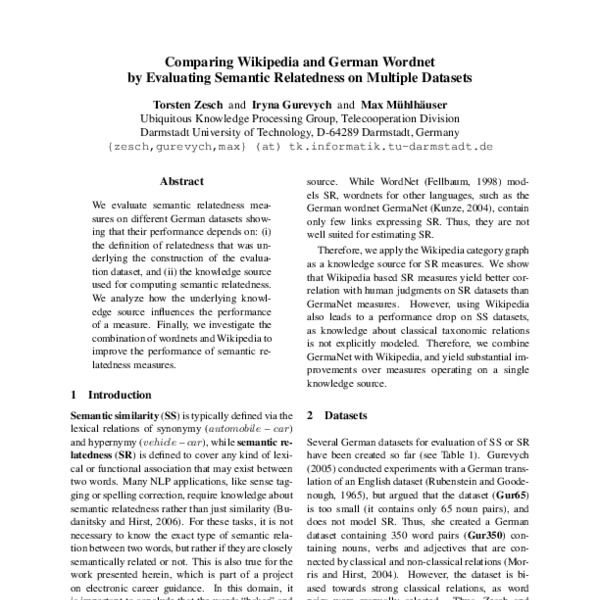 Comparing Wikipedia and German Wordnet by Evaluating Semantic ...