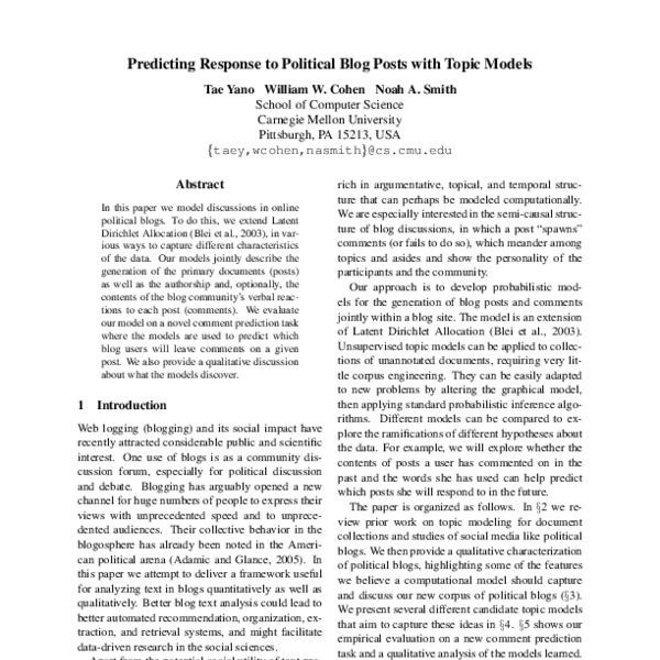 Predicting Response to Political Blog Posts with Topic Models - ACL ...