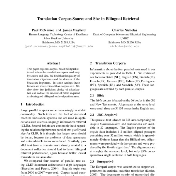 Translation Corpus Source and Size in Bilingual Retrieval - ACL Anthology