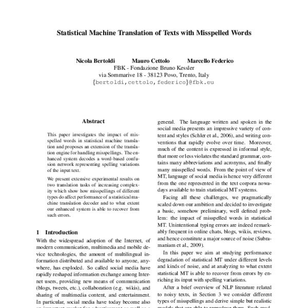 Statistical Machine Translation of Texts with Misspelled Words - ACL ...