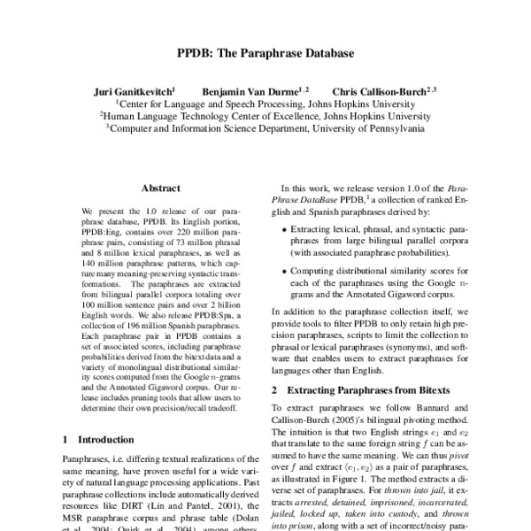 PPDB: The Paraphrase Database - ACL Anthology