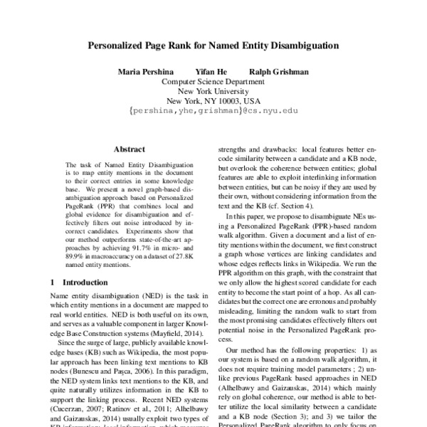 Personalized Page Rank for Named Entity Disambiguation - ACL Anthology