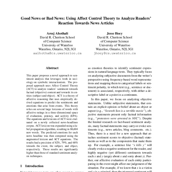 Good News or Bad News: Using Affect Control Theory to Analyze Readers ...