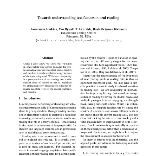 Towards Understanding Text Factors in Oral Reading - ACL Anthology
