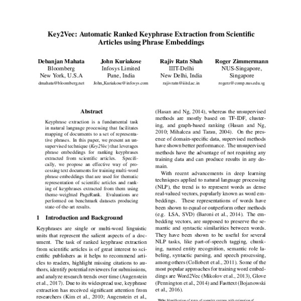 Key2vec Automatic Ranked Keyphrase Extraction From Scientific Articles Using Phrase Embeddings