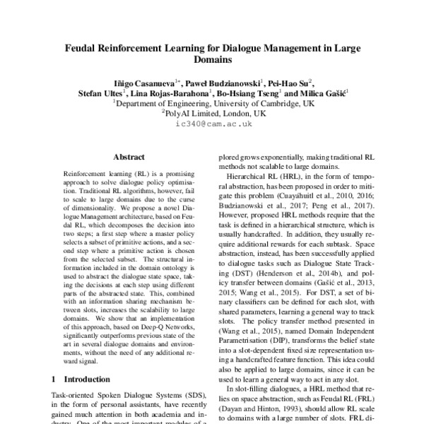 Feudal Reinforcement Learning for Dialogue Management in Large Domains ...