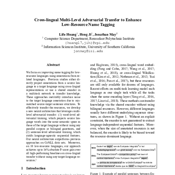 Cross Lingual Multi Level Adversarial Transfer To Enhance Low Resource Name Tagging Acl Anthology