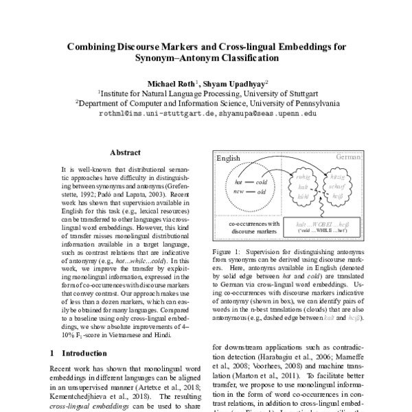 Combining Discourse Markers And Cross lingual Embeddings For Synonym 