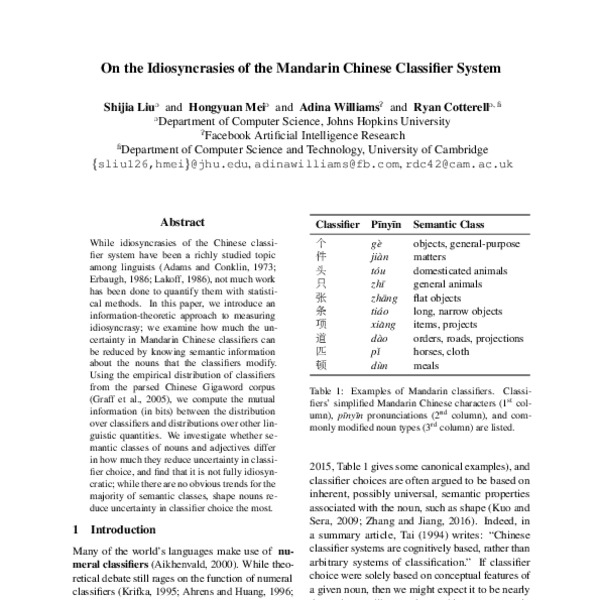 On the Idiosyncrasies of the Mandarin Chinese Classifier System - ACL ...
