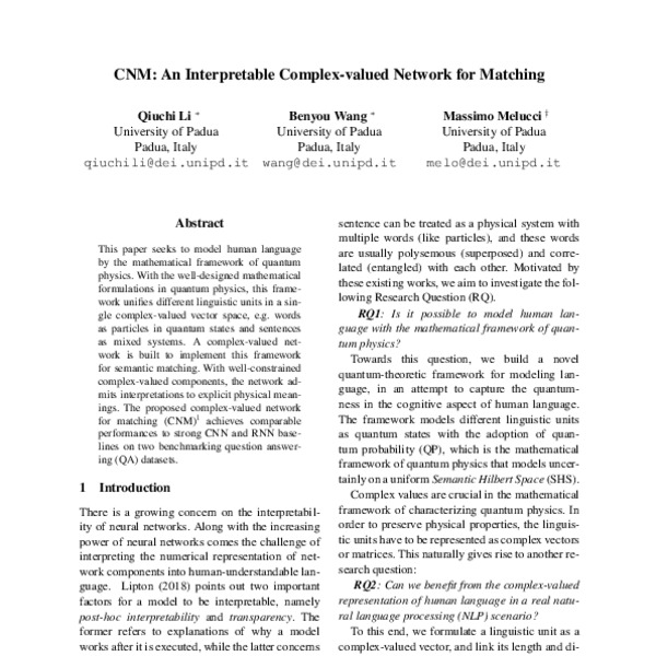 CNM: An Interpretable Complex-valued Network for Matching - ACL Anthology
